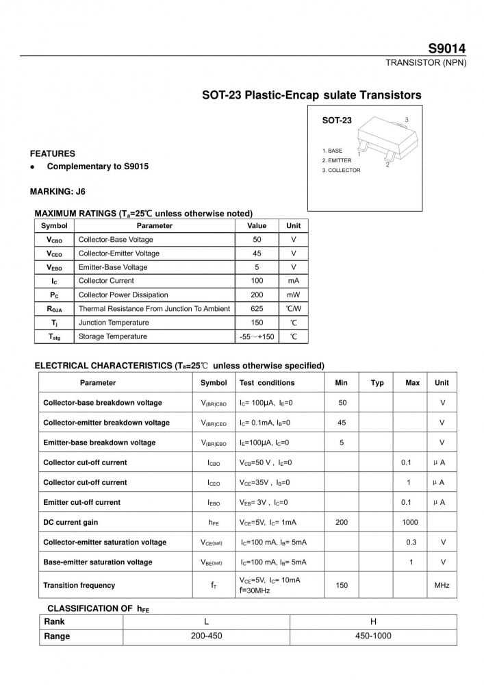 S9014-J6 datasheet page 1
