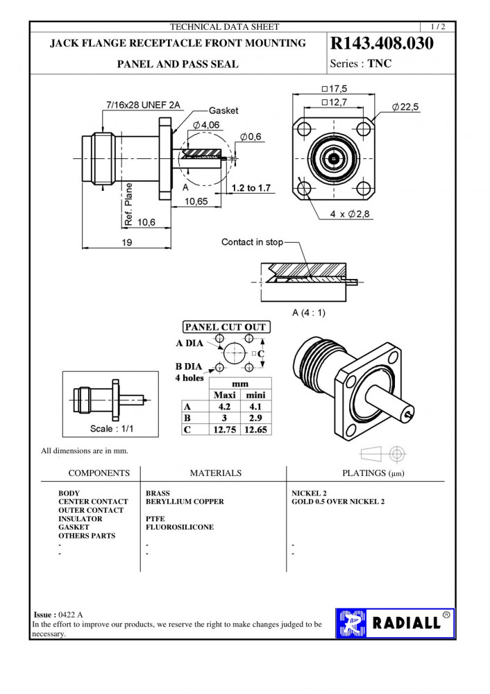 Radiall R143408030 technical datasheet page 1