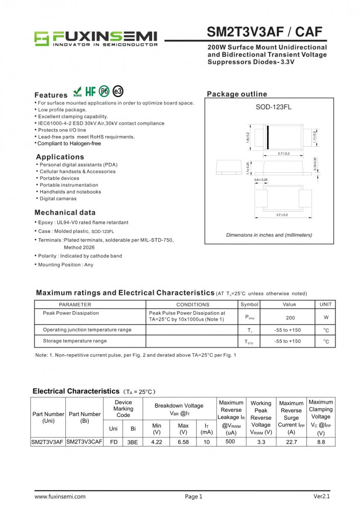 SM2T3V3AF datasheet page 1