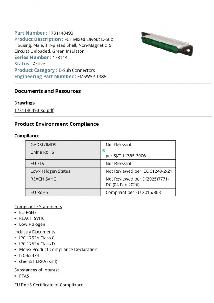 MOLEX 1731140490 product drawing, page 1