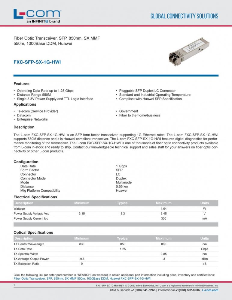 FXC-SFP-SX-1G-HWI datasheet page 1