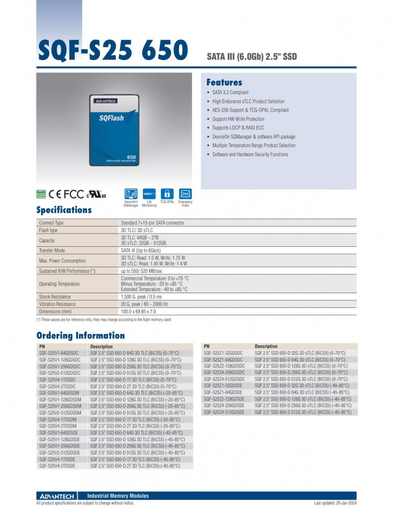 ADVANTECH SQF-S25 650 product documentation image