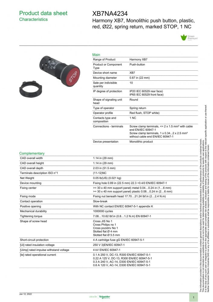 XB7NA4234 technical document page 1