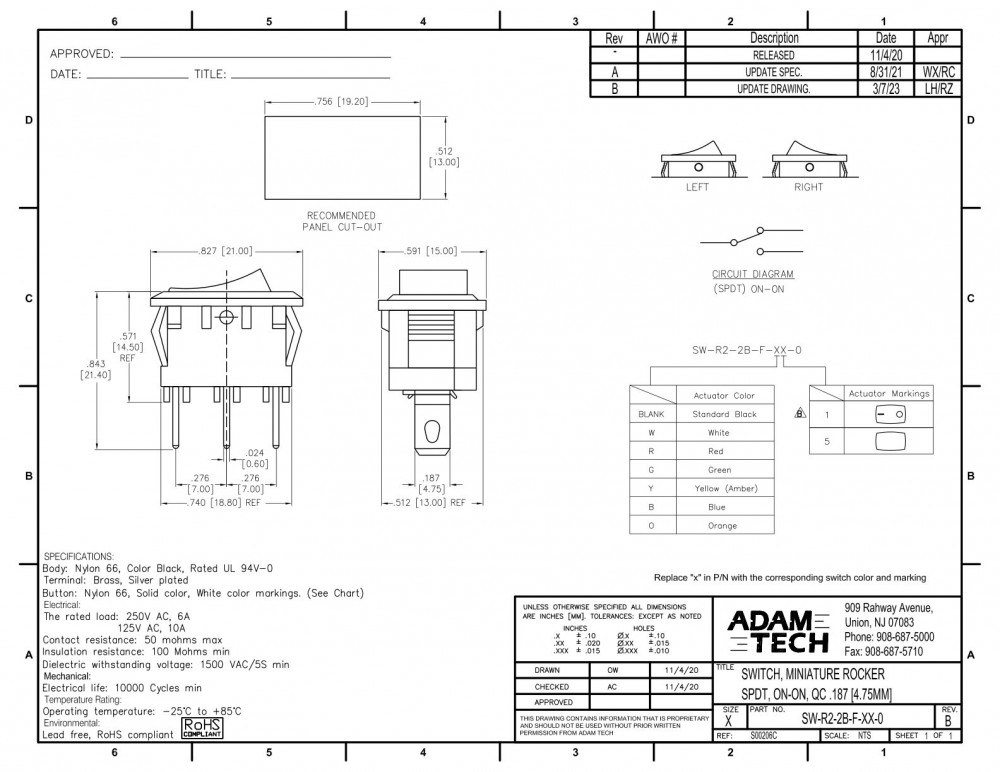 ADAM TECH miniature rocker switch drawing reference