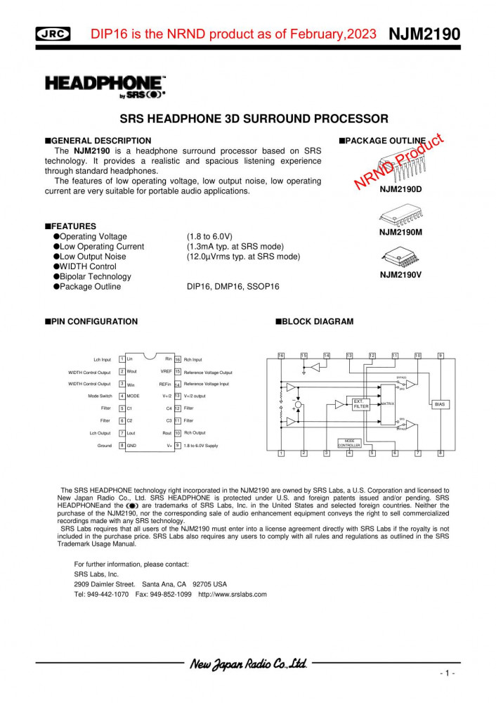 NJM2190 datasheet page 1