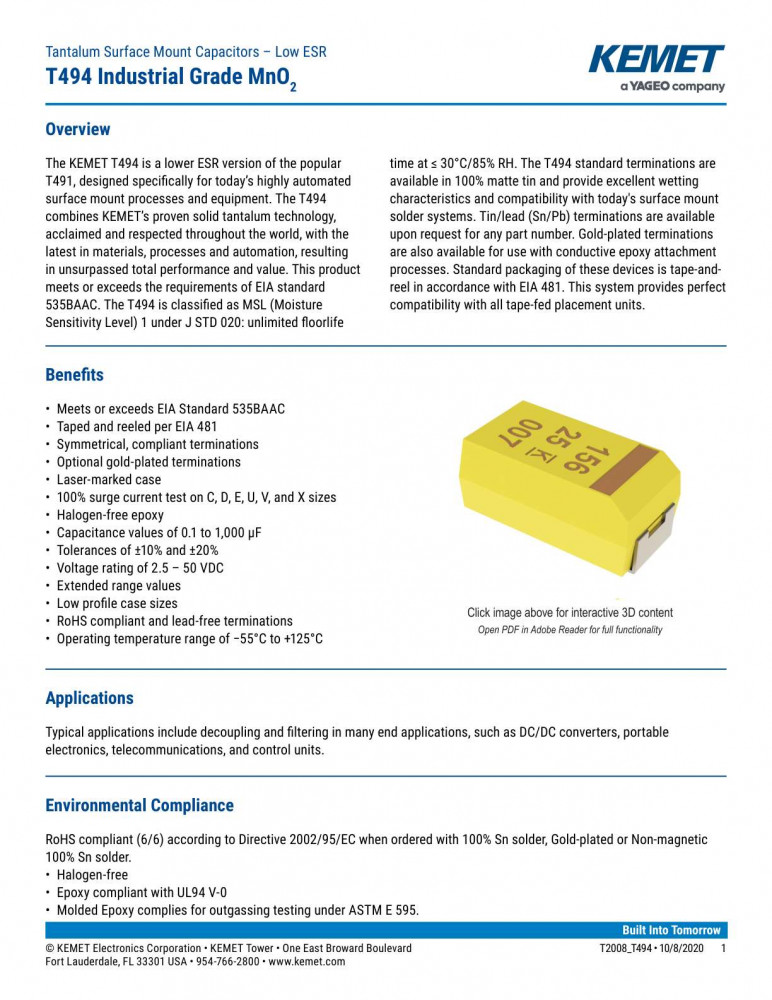 KEMET T494 datasheet page 1