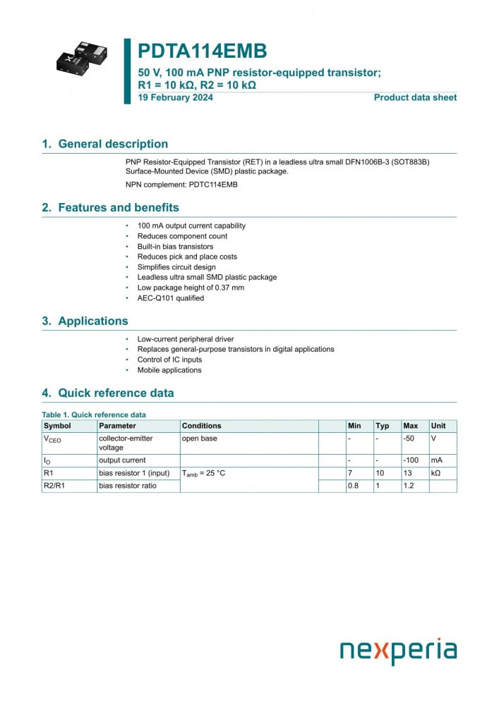 PDTA114EMB datasheet page 1