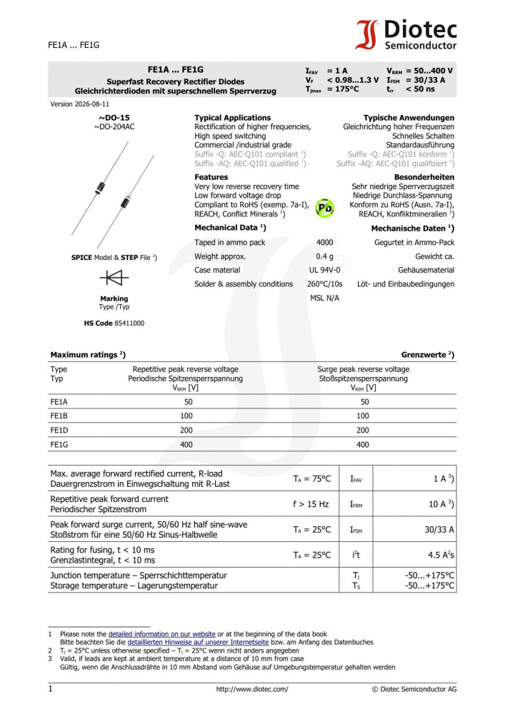 DIOTEC FE1A datasheet page 1
