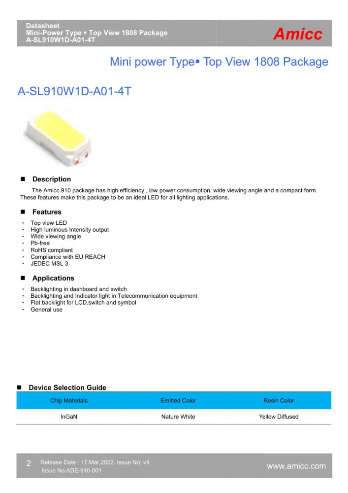 A-SL910W1D-A01-4T datasheet page 2