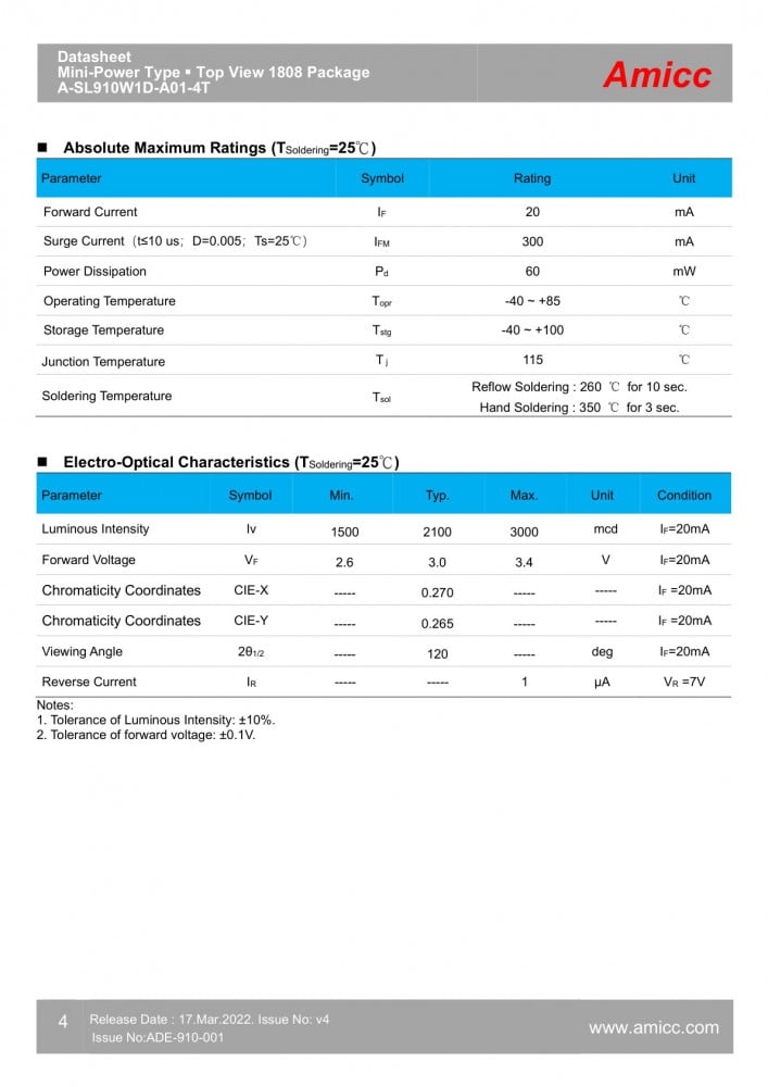 A-SL910W1D-A01-4T datasheet page 4