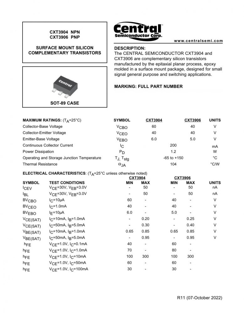Central CXT3906 datasheet page 1