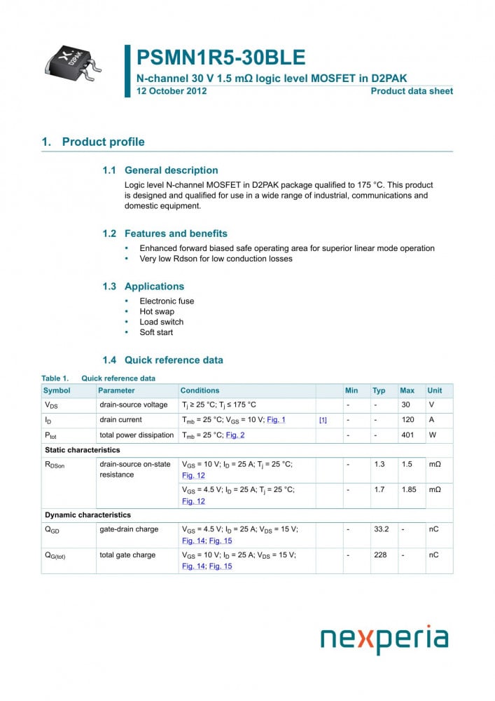 PSMN1R5-30BLEJ datasheet page 1