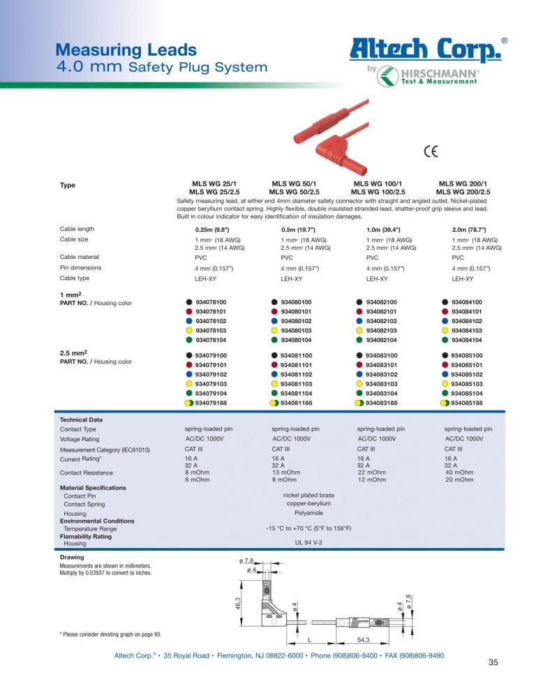 Altech MLS safety measuring lead technical drawing