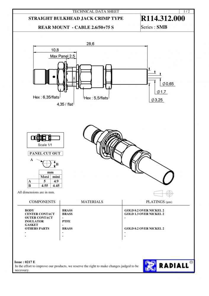Radiall R114312000 technical data sheet, page 1