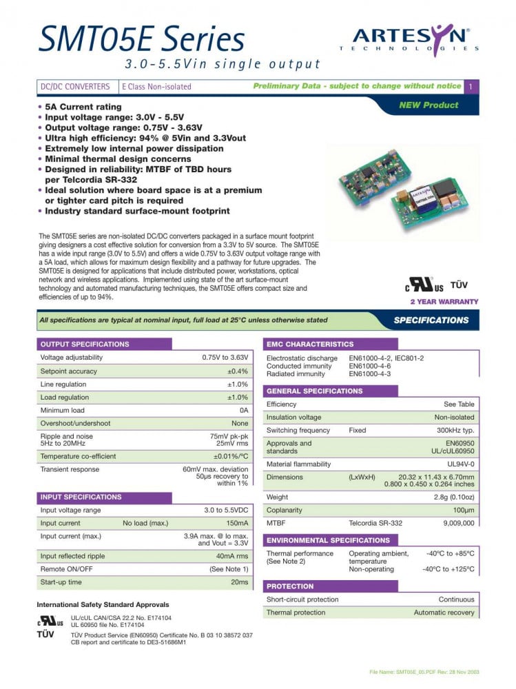 Artesyn SMT05E-05W3V3 datasheet page 1