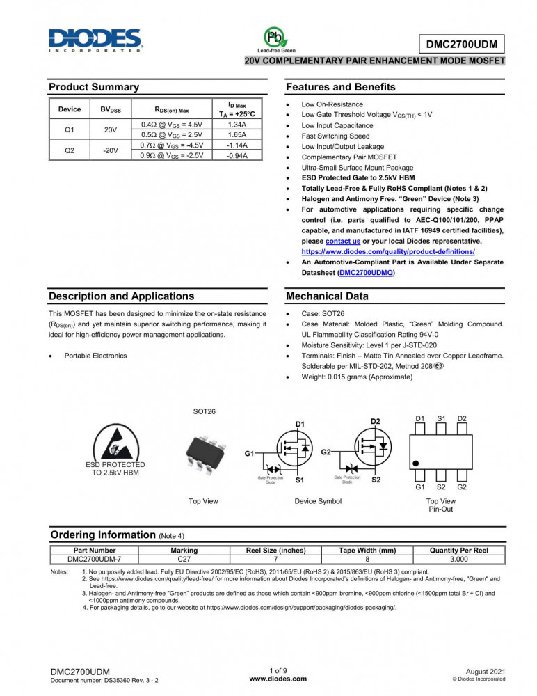 DMC2700UDM-7 datasheet page 1