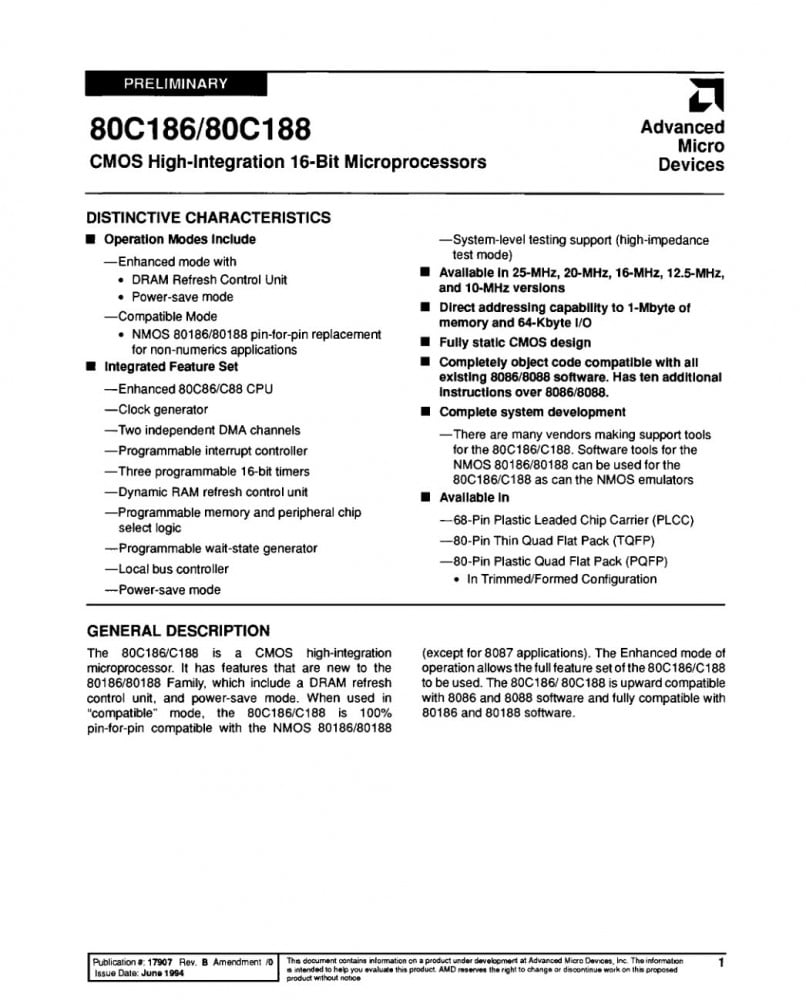 AMD 80C188 datasheet page 1