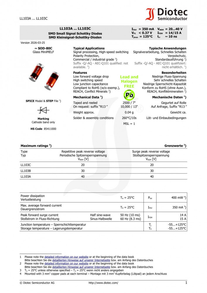 DIOTEC LL103B datasheet page 1