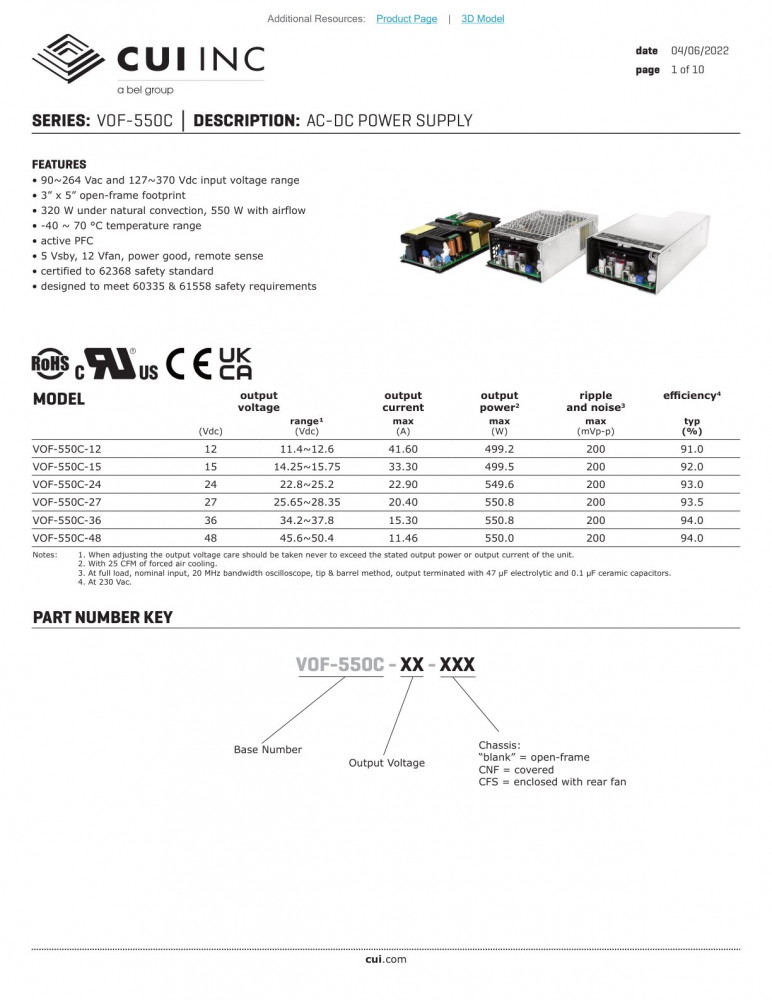 VOF-550C-48 datasheet page 1