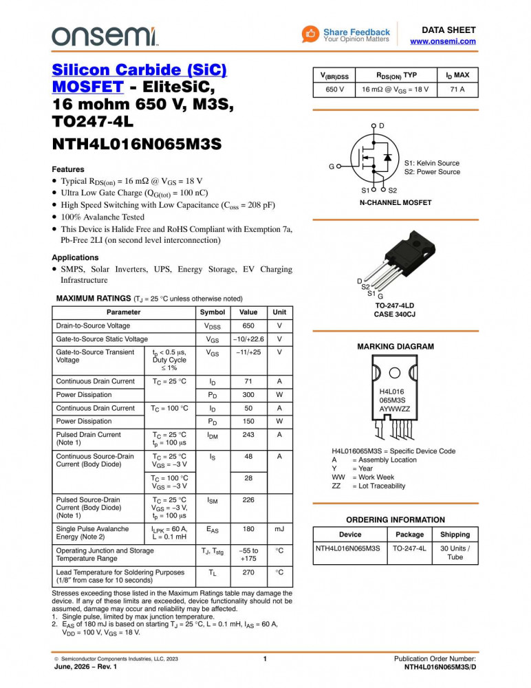 NTH4L016N065M3S datasheet page 1