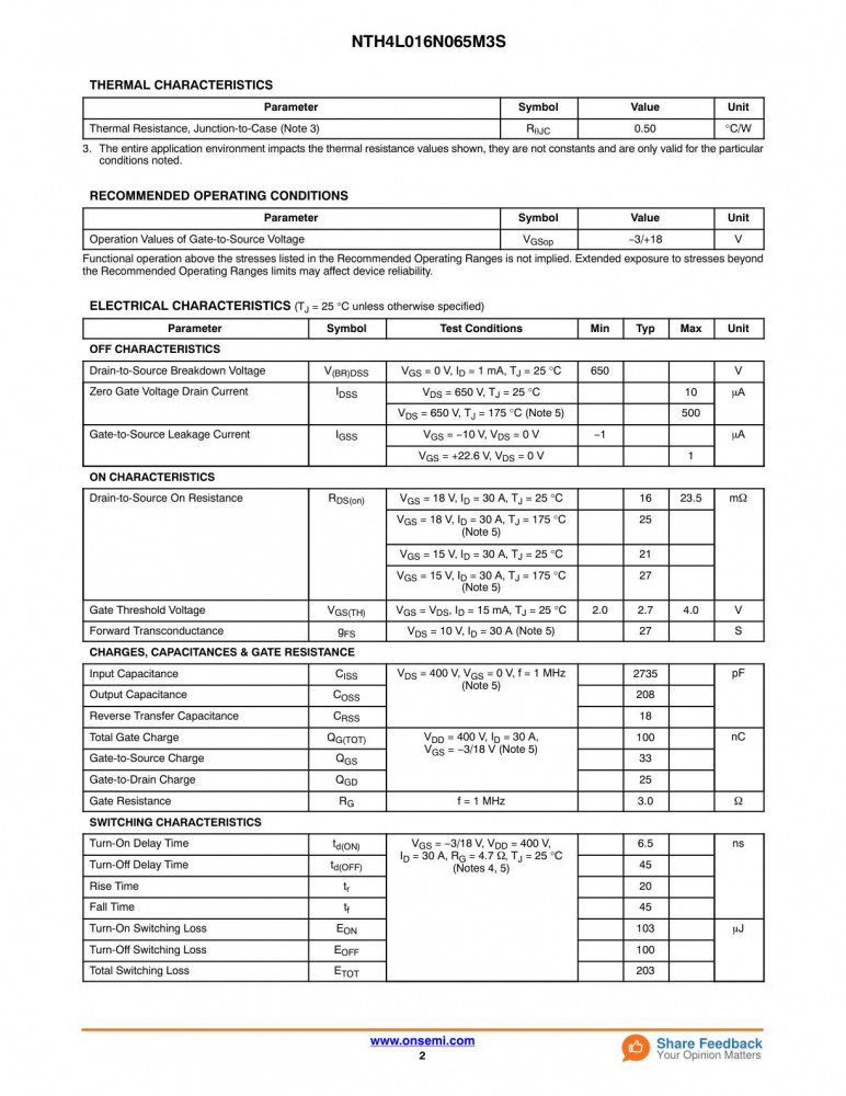 NTH4L016N065M3S datasheet page 2