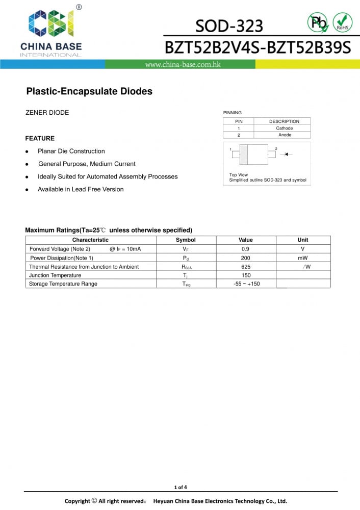 CBI BZT52B3V6S datasheet page 1