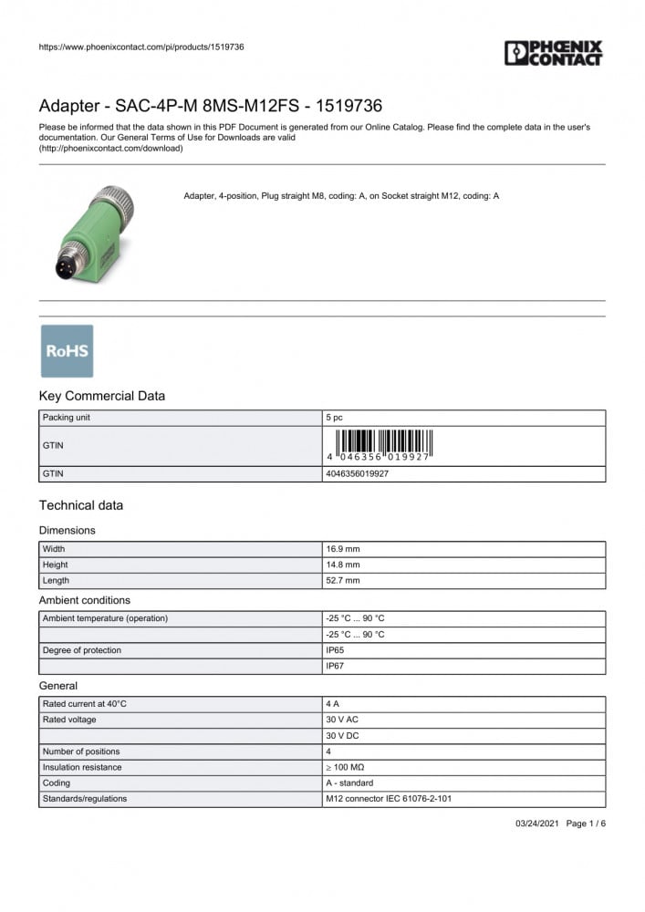 Phoenix Contact 1519736 technical document page 1