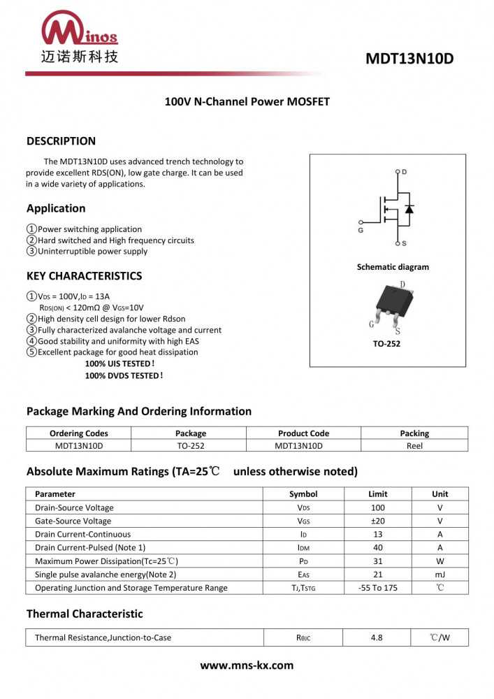 MDT13N10D datasheet page 1