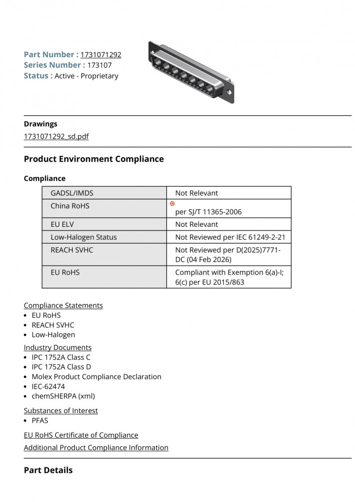 MOLEX 1731071292 technical drawing page 1