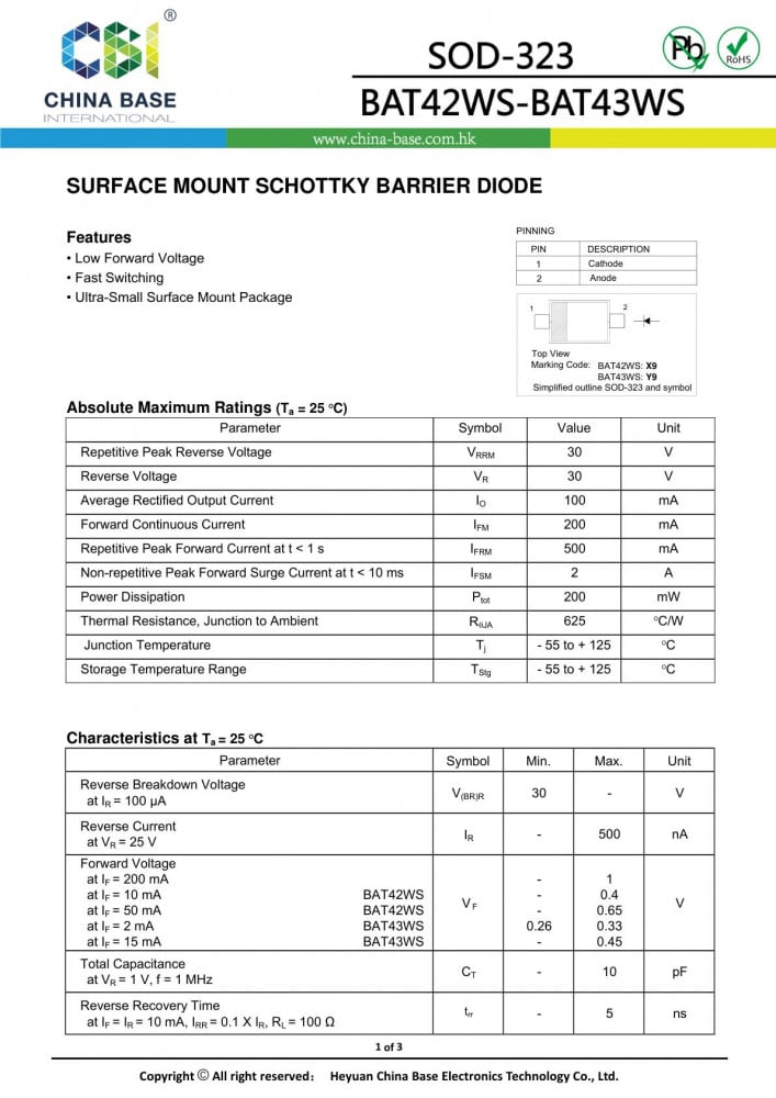 CBI BAT42WS datasheet page 1