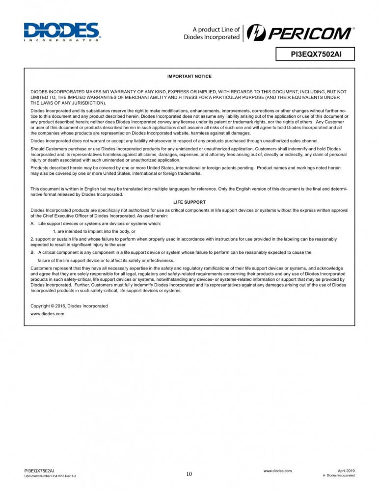 PI3EQX7502AI datasheet page 10