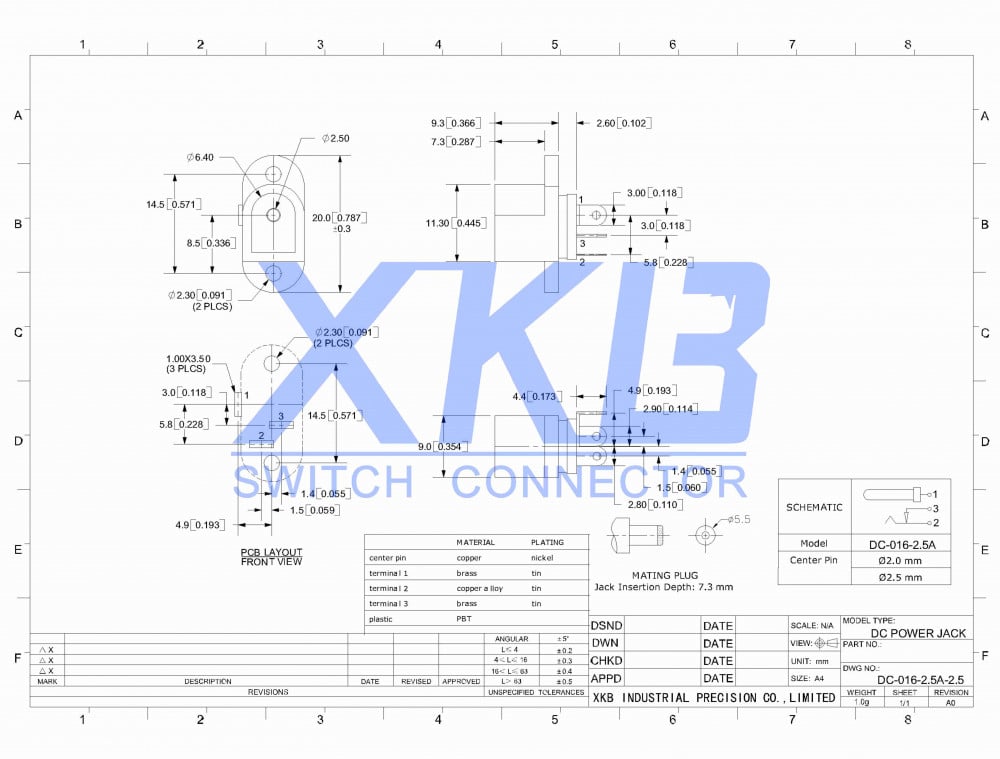 XKB Connection DC-016-2.5A-2.5 technical drawing