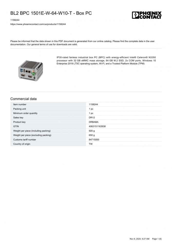 Phoenix Contact 1158244 technical document page 1