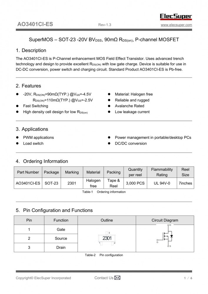AO3401CI-ES datasheet page 1