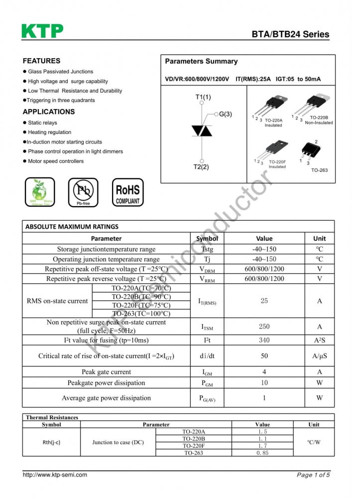 BTB24E-800BW(KTP) datasheet page 1