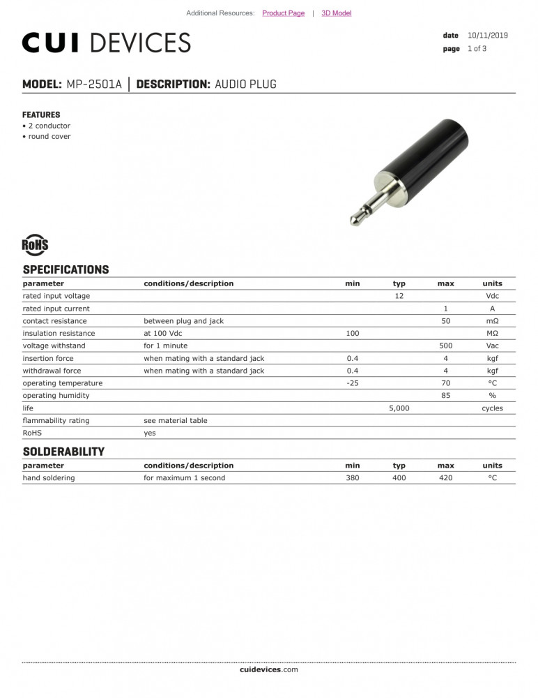CUI MP-2501A datasheet page 1