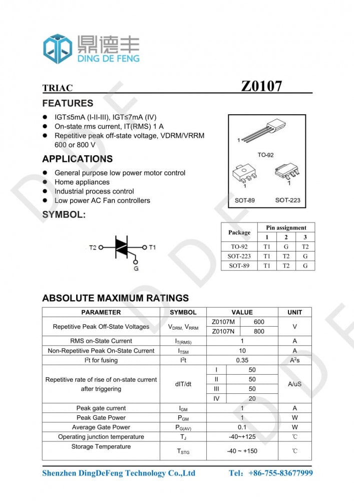 DDF Z0107 datasheet page 1