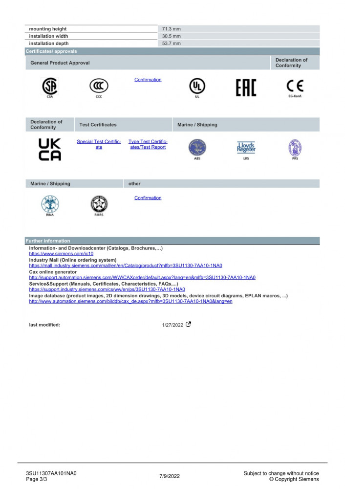 SIEMENS 3SU11307AA101NA0 technical document page 3