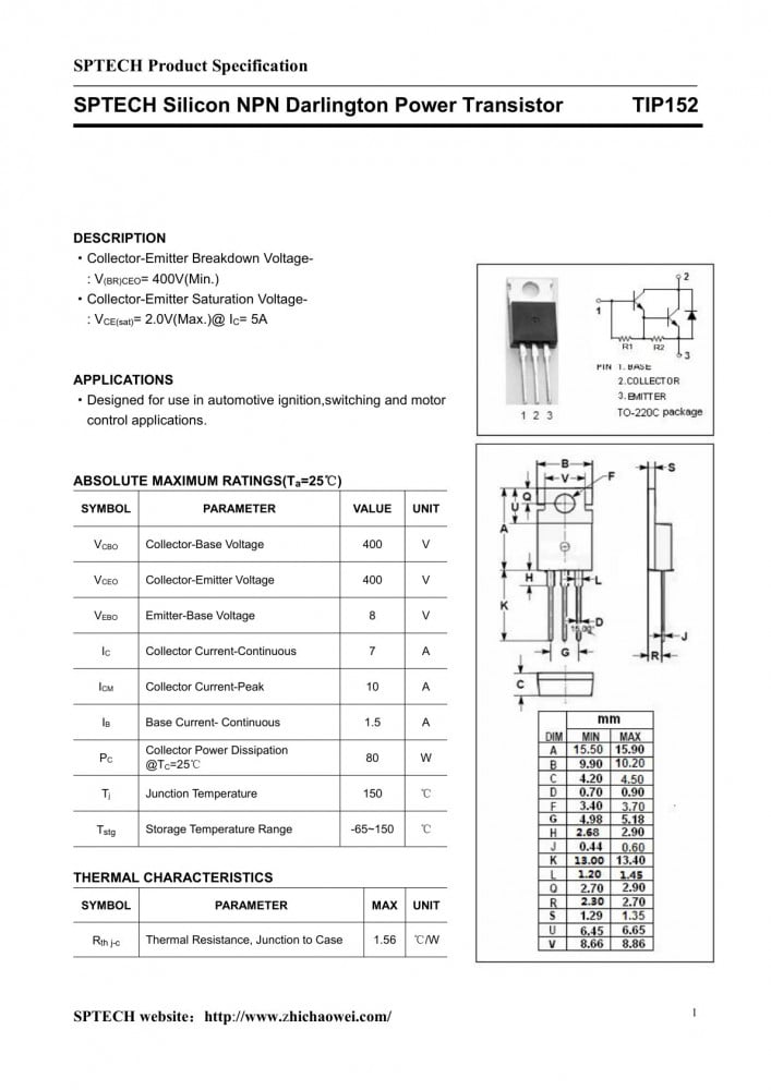 TIP152 SPTECH datasheet page 1