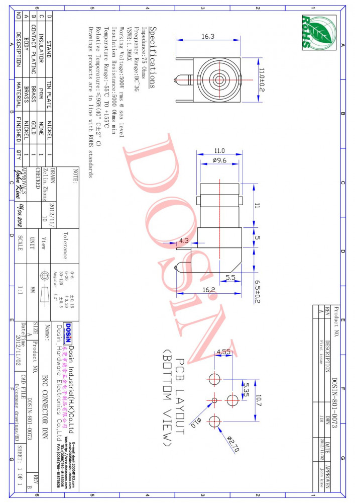 DOSIN-801-0073 technical drawing and specification page