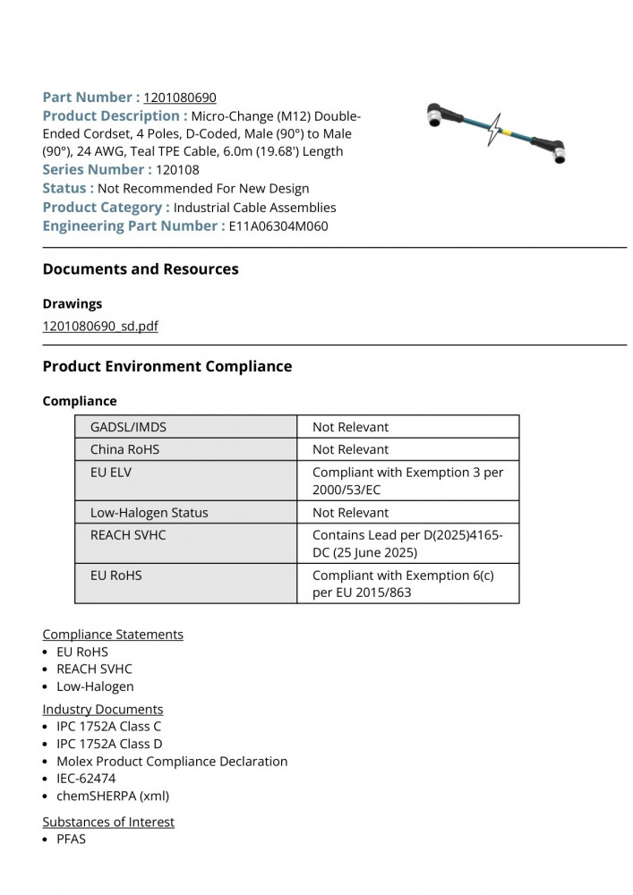 MOLEX cordset technical drawing, page 1