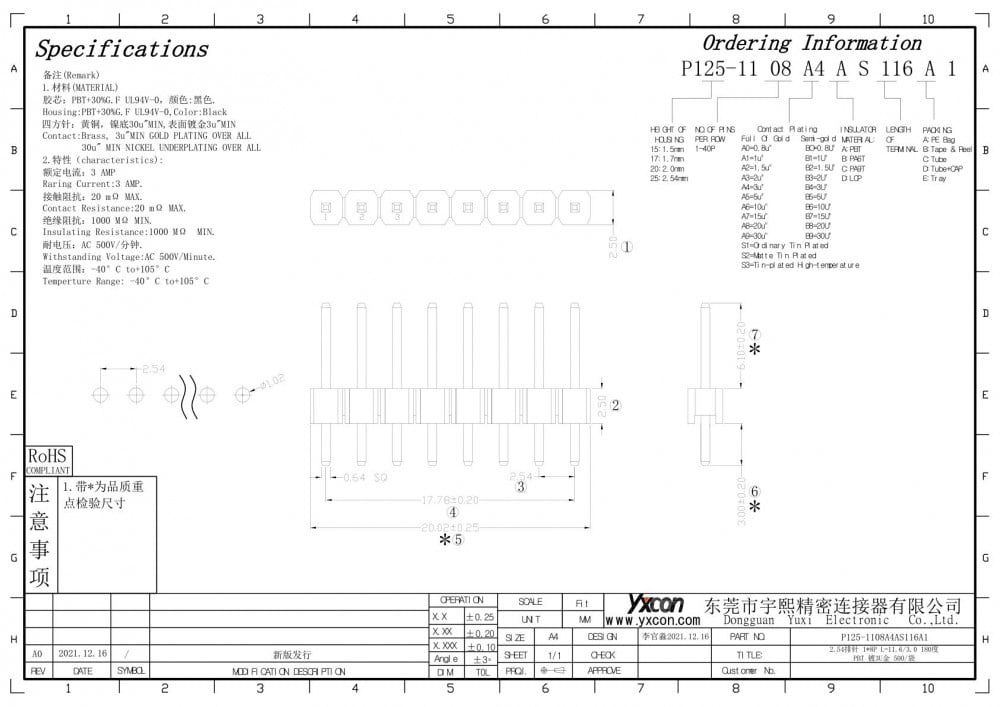 Yxcon P125-1108A4AS116A1 technical document preview