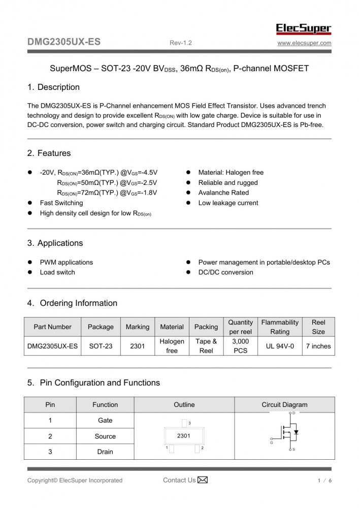 DMG2305UX-ES datasheet page 1