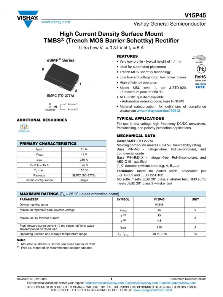 V15P45 datasheet page 1
