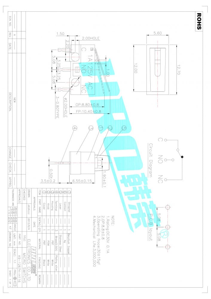 K9-1267H-H116 micro switch technical drawing