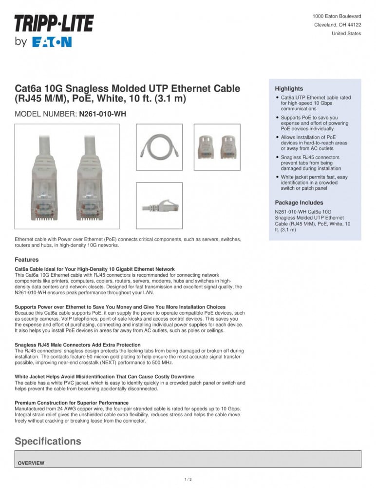 N261-010-WH technical document page 1