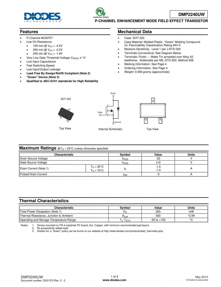 DMP2240UW-7 datasheet page 1