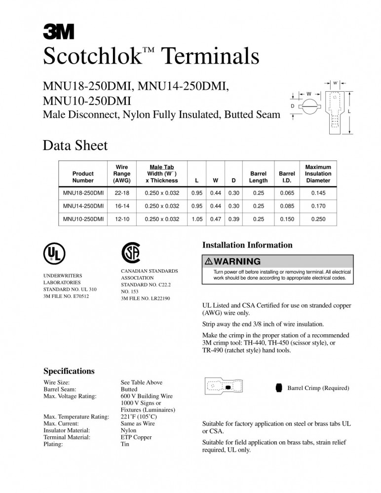 3M Scotchlok MNU14-250DMIX-BOTTLE technical document page 1