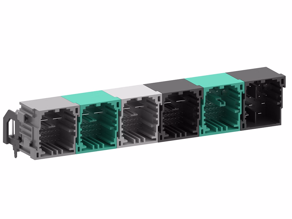 stAK50h 6 Bay Right-Angle Hybrid Header, 105 Circuits, Bay 1: 23 Circuits/Key 1/Dark Gray; Bay 2: 23 Circuits/Key 2/Green; Bay 3: 23 Circuits/Key 3/Gray; Bay 4: 12 Circuits/Key 1/Black; Bay 5: 12 Circuits/Key 2/Green; Bay 6: 12 Circuits/Key 3/Purple; Tube