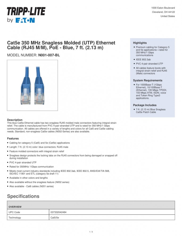 N001-007-BL technical document page 1